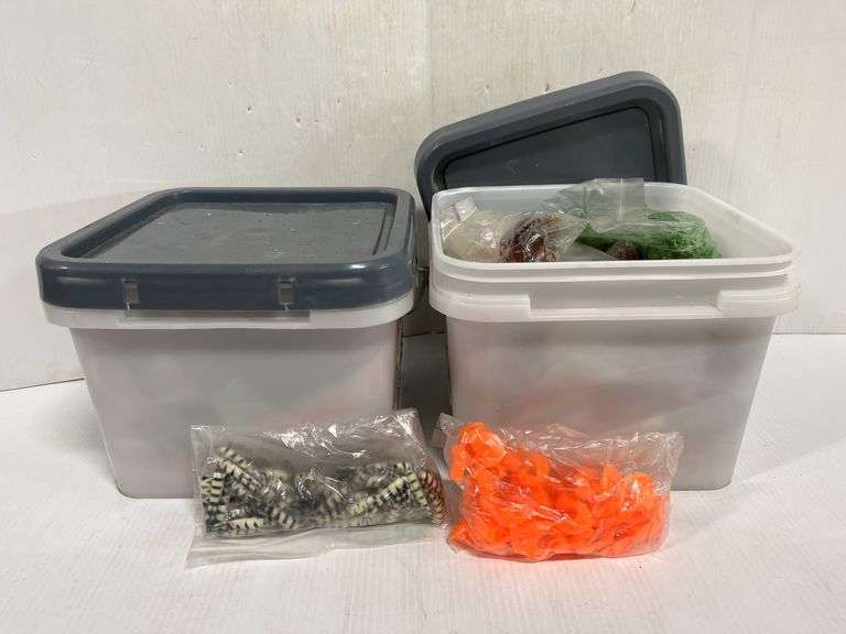 (2) Buckets of assorted fishing lures, small to large; Rubber worms ...