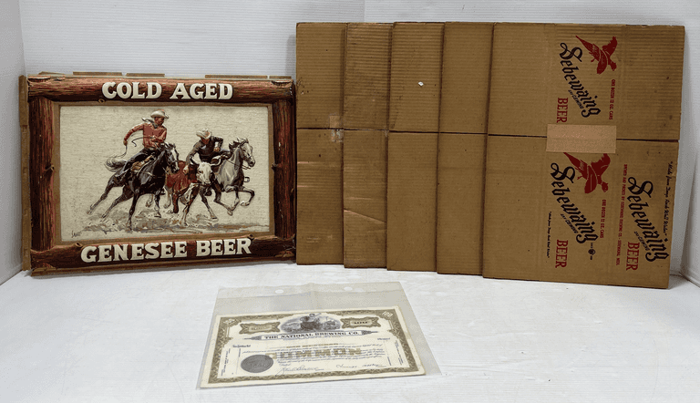 (5) Sebewaing beer cases, fair; (1) Cold Aged Genesee Beer, plastic ...
