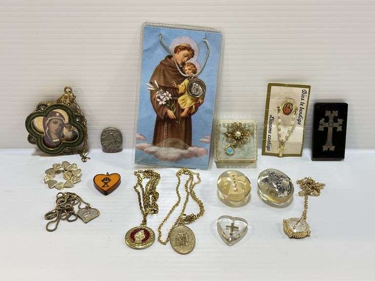 Older Religious items, includes: Pins, necklaces, pocket stones, and ...