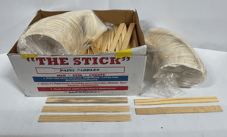 Large box of paint mix sticks, and (2) packs of 1,000 paint filters ...