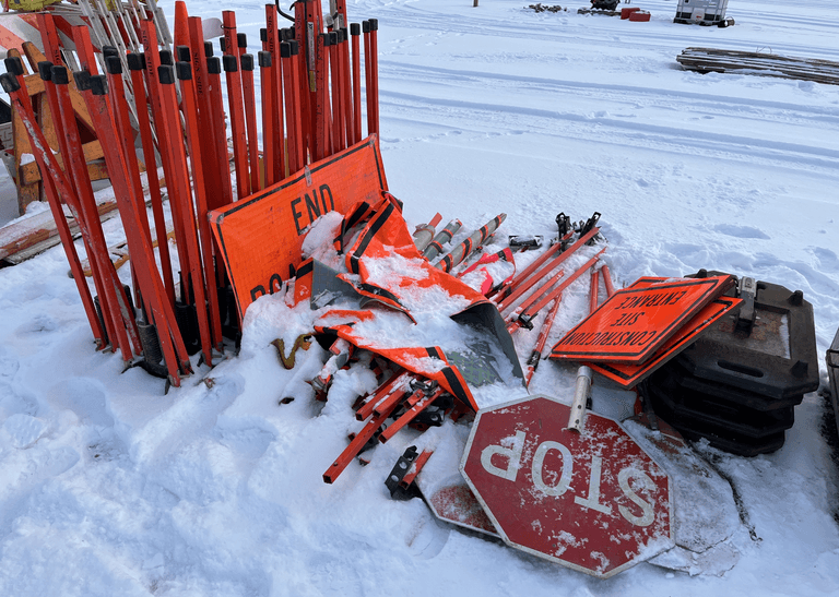 (10) Traffix Little Buster fold-out road signs and stands, (3) Weighted ...