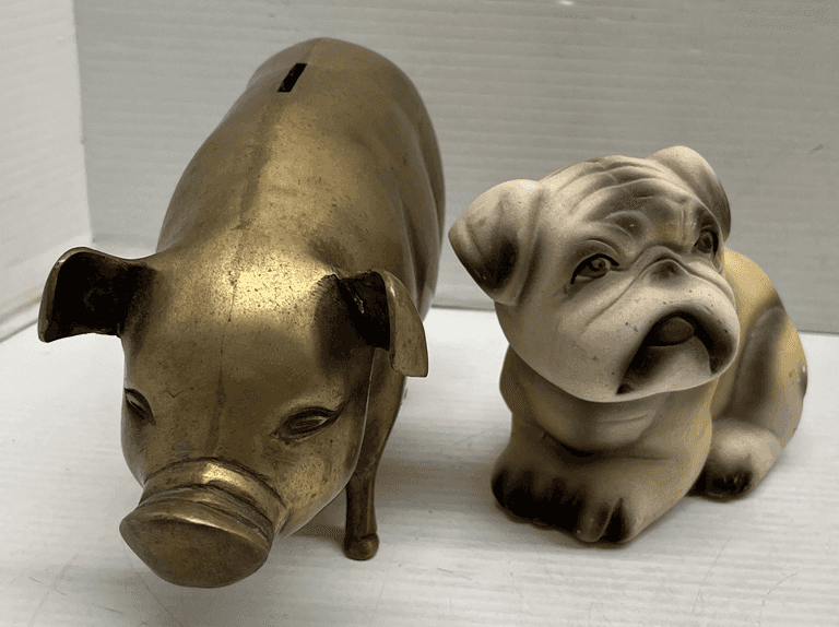 Brass still pig shaped piggy bank, and small ceramic bulldog piggy bank, up to 10 1/2"L, very ...