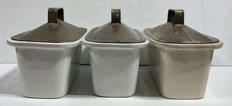 Older ceramic bins with metal lids, set of (3), 13"W x 7", 11"H with ...