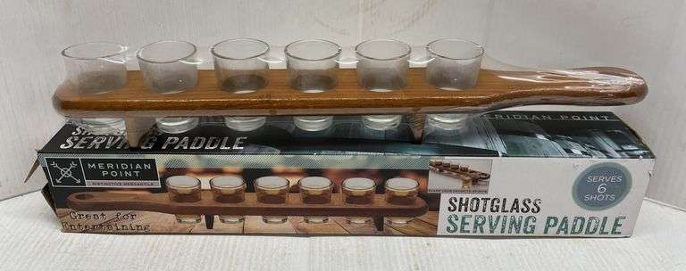 Shot Glass serving paddle, box- 18"L, NIB - Albrecht Auction Service