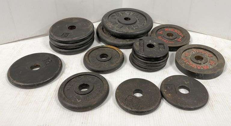 76 Lbs. of Steel weights, include: (2) 2 1/2 lbs., (6) 5 lbs., (6) 2 1/ ...