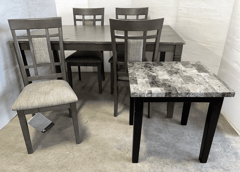 Gray dining room table with (4) matching gray chairs, 60" x 36"; Small ...