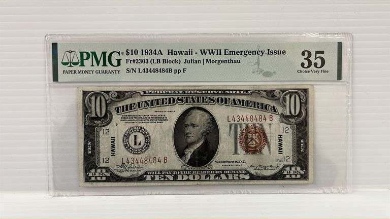 $10 1934-A hawaii overprint note, PMG graded 35, nice, holder has about ...