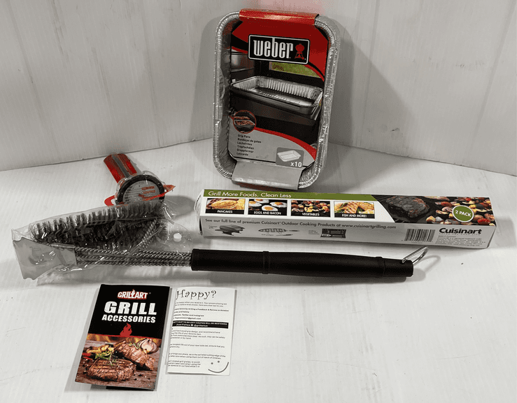 Cooking items, include: Pyrex cook thermometer, Weber drip pans ...