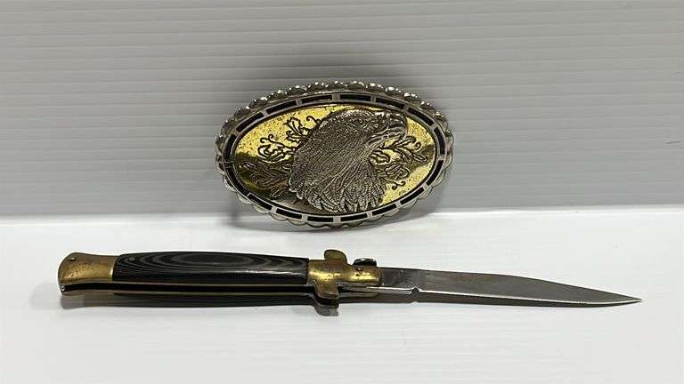 Horn handle steel knife, and Mexican golden eagle buckle, blade- 4 1/4 ...