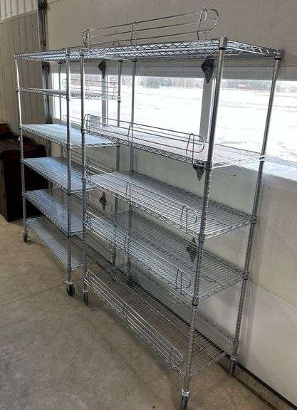 (2) Large very nice metal shelf for storage on wheels, 47"W x 18"D x 76 ...