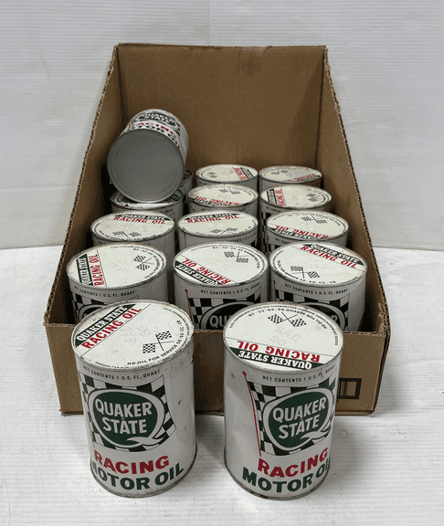 (15) 1-Quart metal Quaker State racing oil cans, all full, dents, paint ...