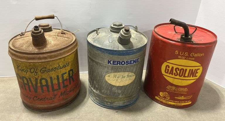(3) Older empty gas cans, include: 2- Gas, and 1- Kerosene, all 5-gallon - Albrecht Auction Service