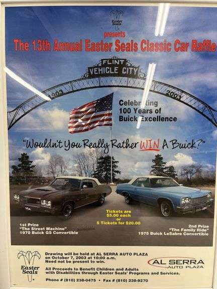 (2) Easter Seal Classic Car raffle posters, framed: 1957 Chevy in front ...