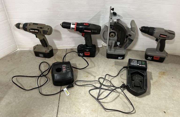 (4) Battery powered tools with (2) chargers and batteries, include: 3 ...
