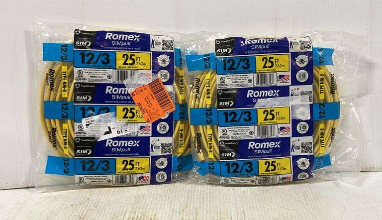 (2) 25' Rolls of Southwire 12/3 Romex SIMpull electrical wire in yellow ...