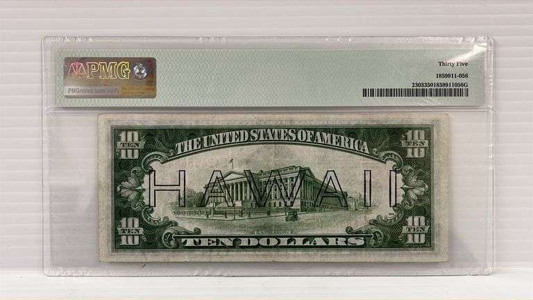 $10 1934-A hawaii overprint note, PMG graded 35, nice, holder has about ...