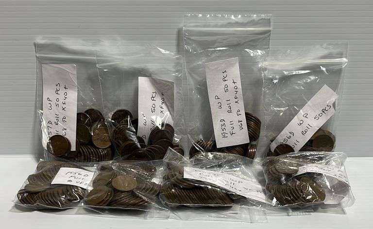 (7) Rolls of wheat pennies, include: 1951-D open roll, 1952-D open roll ...