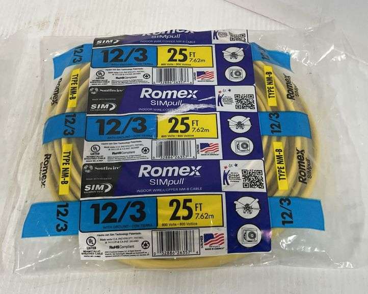(2) Rolls of Romex Simpull indoor electric wire 12/3 with ground, 25 ...