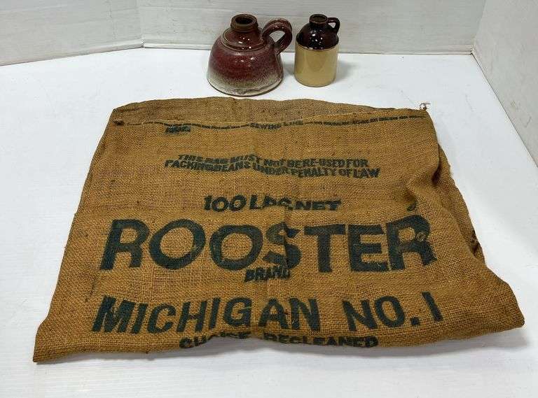 Michigan Bean Co. burlap bag, no. 100, Rooster brand, 20" x 34"; Two ...