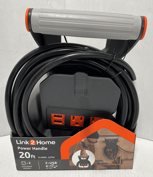 Link-2-Home 20' power handle extension cord, two grounded outlets, and ...