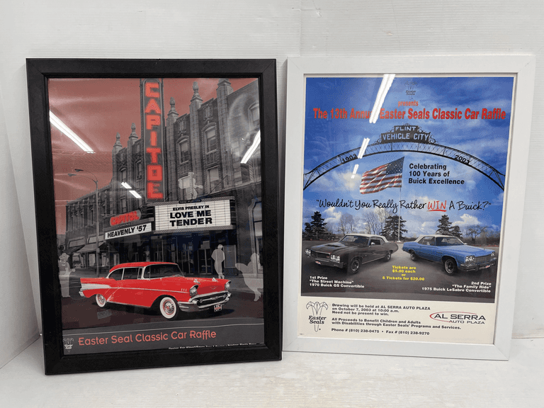(2) Easter Seal Classic Car raffle posters, framed: 1957 Chevy in front ...
