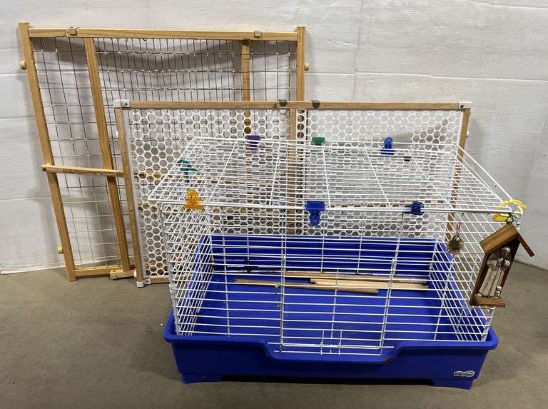 Animal cage with (2) pet gates, 31" x 21", fair, one gate has a hole ...