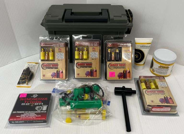 Various Muzzleloader Accessories with Ammo Box, Includes: (4) Boxes of ...