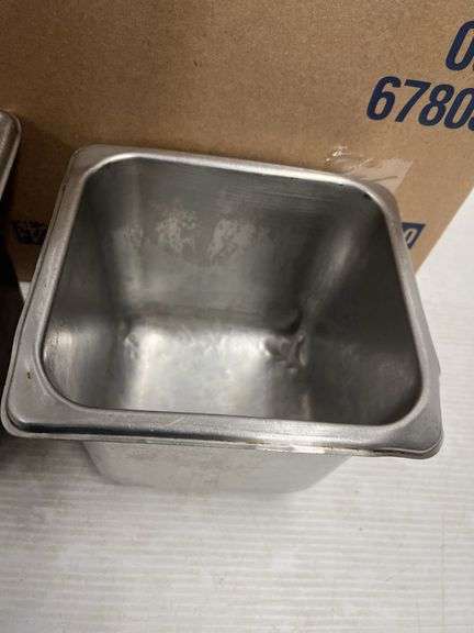 (5) Stainless steel food containers with metal covers, 7" x 12" x 6 ...