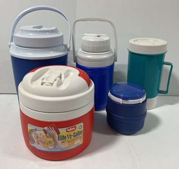 1/2-Gallon Igloo, new; 1/3-Gallon Coleman thermos, new; Large ...
