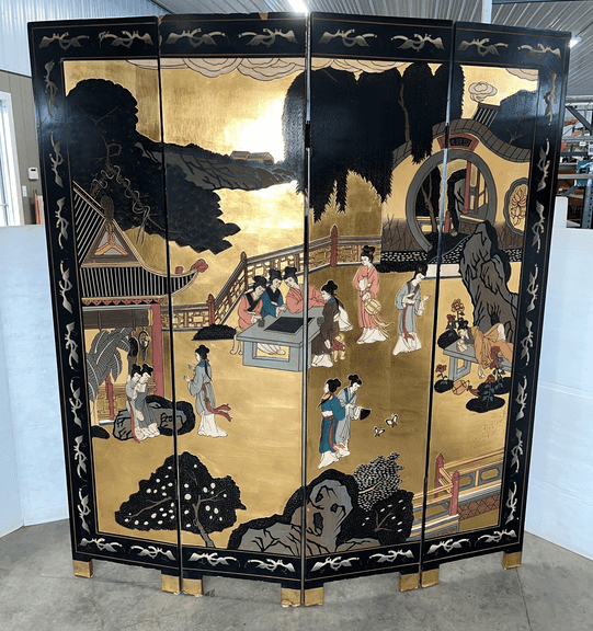 Oriental room divider, 72"H, has rubs and damage, one panel is lifting ...