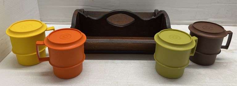 Older wood tray, 9"W x 4"D x 11"L; (4) Tupperware mugs with covers ...