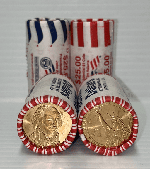 (4) $25 Dollar Coin Rolls, $100 Mint, includes: Two- Adams-P, Adam-D ...