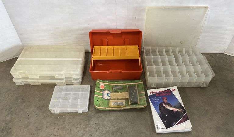 Assorted tackle boxes, older tackle, Five Roads to Walleye, Mark Romanack 1997, up to 13"W x 10 ...