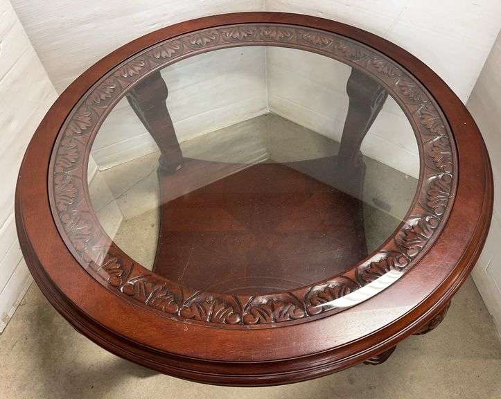 Mahogany colored coffee table with glass top, 37"Dia x 20"H - Albrecht ...