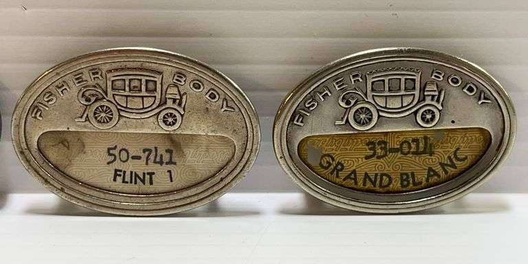 (3) Older Fisher Body Flint and Grand Blanc employee badges, 1 3/4"W ...