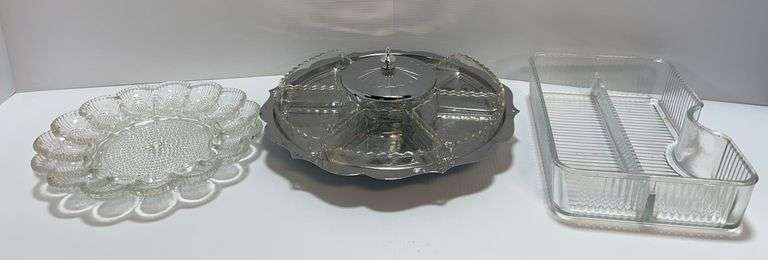 Older crystal egg tray; Clear veggie tray; Older sectioned glass veggie ...