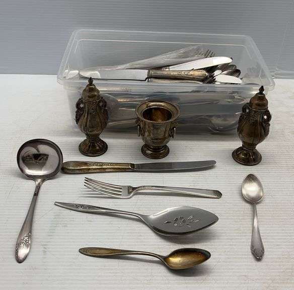 12 lbs. of silver-plate pieces, mostly flatware, one salt and pepper ...