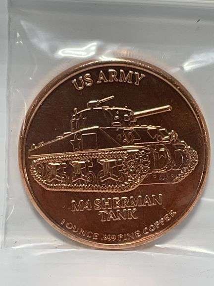 1 oz. Copper Round US Army M4 Sherman Tank - Albrecht Auction Service