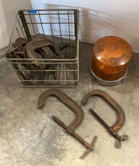 (7) Clamps, (1) Metal "Bordens" crate, (1) Safety light, and (1) Full ...