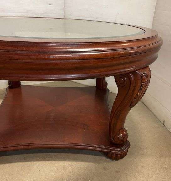Mahogany colored coffee table with glass top, 37"Dia x 20"H - Albrecht ...