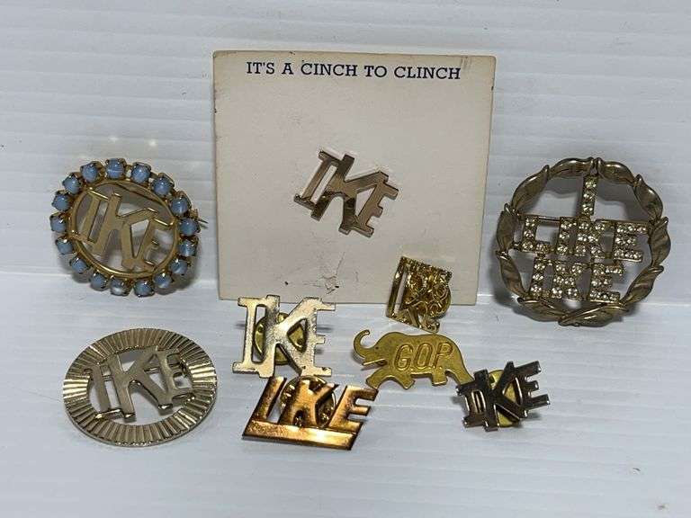 (9) 1950s "Ike" President Eisenhower pins, 1- GOP Pin, up to 1 1/2"Dia ...