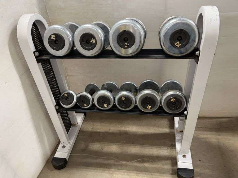 Steel dumbbell weight set with rack, rack- 33"W x 20"D x 34"H, weights ...