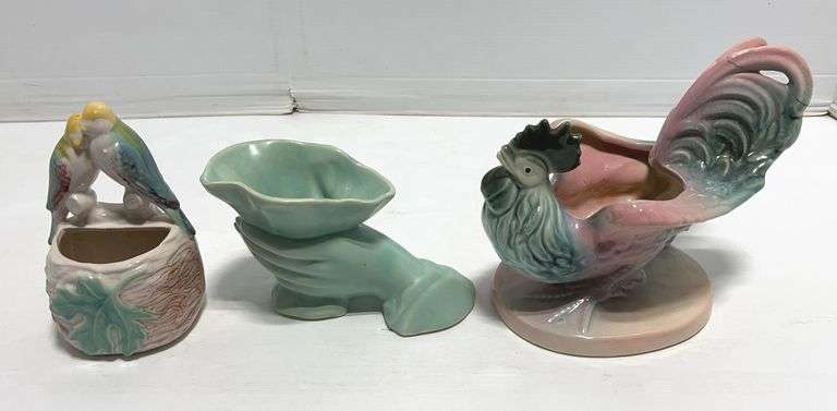 (3) Older planters, rooster marked Hull, hand USA birds wall pocket, up ...