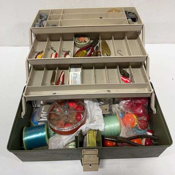 Tackle box, various lures, sinkers and swivels. Box 16" long, good ...
