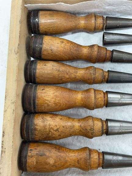 (7) Greenlee wood chisels, wood handles with leather tops, sizes ...