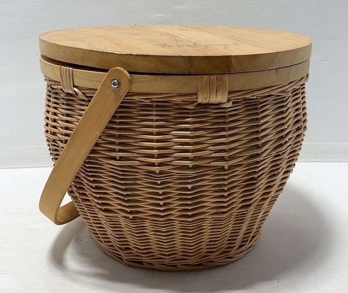Handmade wicker picnic basket and sturdy woven body with wooden lid and ...