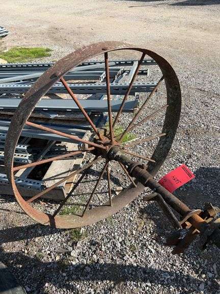 Older farm implement axle, 37"Dia wheels x 43"W, fair - Albrecht ...