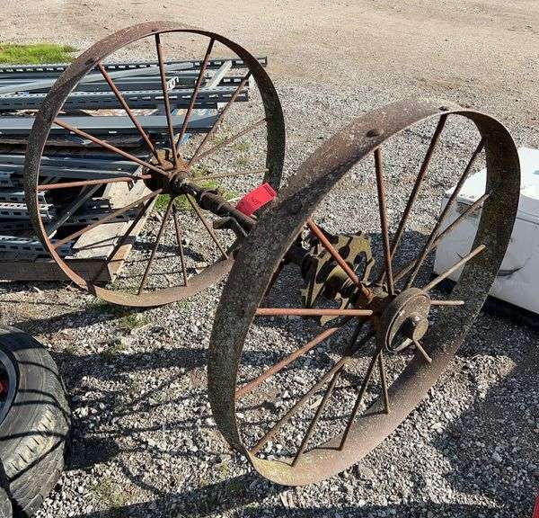 Older farm implement axle, 37"Dia wheels x 43"W, fair - Albrecht ...