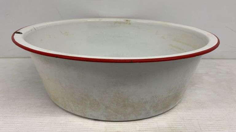 Enamel large wash basin, white with red rim, farmhouse primitive ...