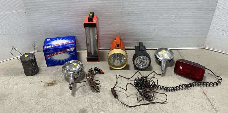 Various lights, include: (2) Flashlights, (2) Lanterns, (2) Spotlights ...